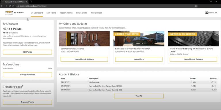 How To Navigate the My Chevrolet Rewards Dashboard